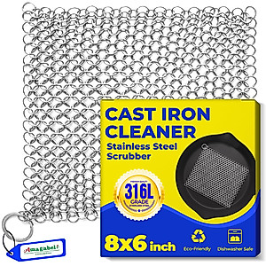 Amagabeli Cast Iron Cleaner 8"x6" Rectangle Metal Scrubber with Hanging Ring 316 Premium Stainless Steel Chainmail Scrubber for Cast Iron Pans CS03