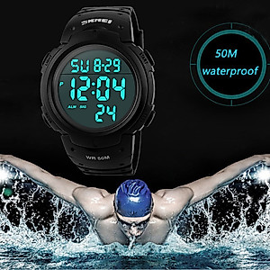 SKMEI Mens Digital Watches Waterproof LED Backlight Large Number Display Multifunction Sport Wristwatch