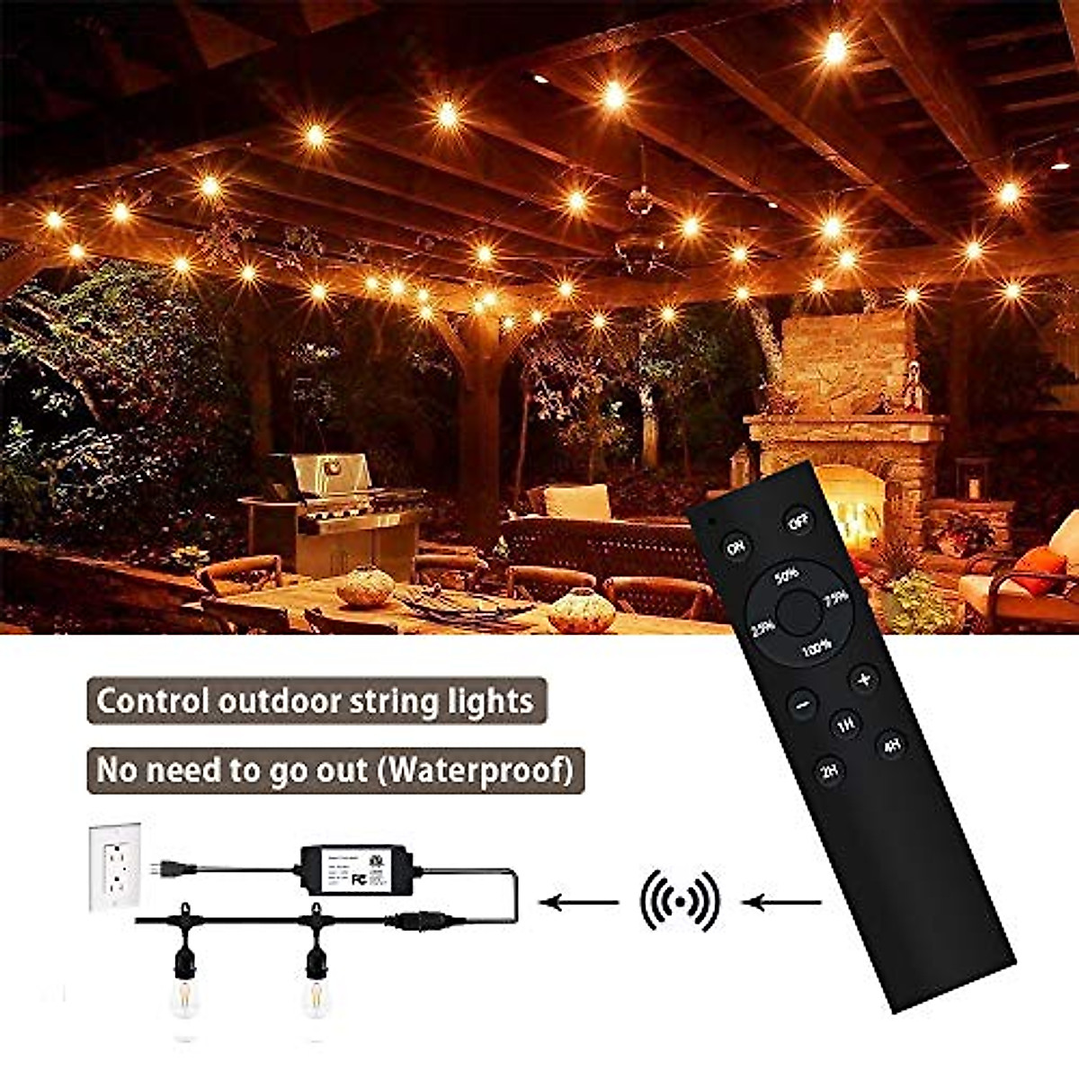 Banord Outdoor Dimmer, Max. 360W Plug-in Dimmer Switch for LED String Lights, Wireless Remote Control Dimming Controller with 4 Brightness Mode