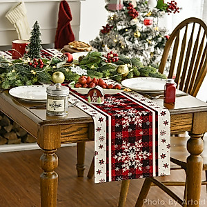 Artoid Mode Buffalo Plaid Snowflakes Christmas Table Runner, Seasonal Winter Kitchen Dining Table Decoration for Home Party Decor 13x72 Inch