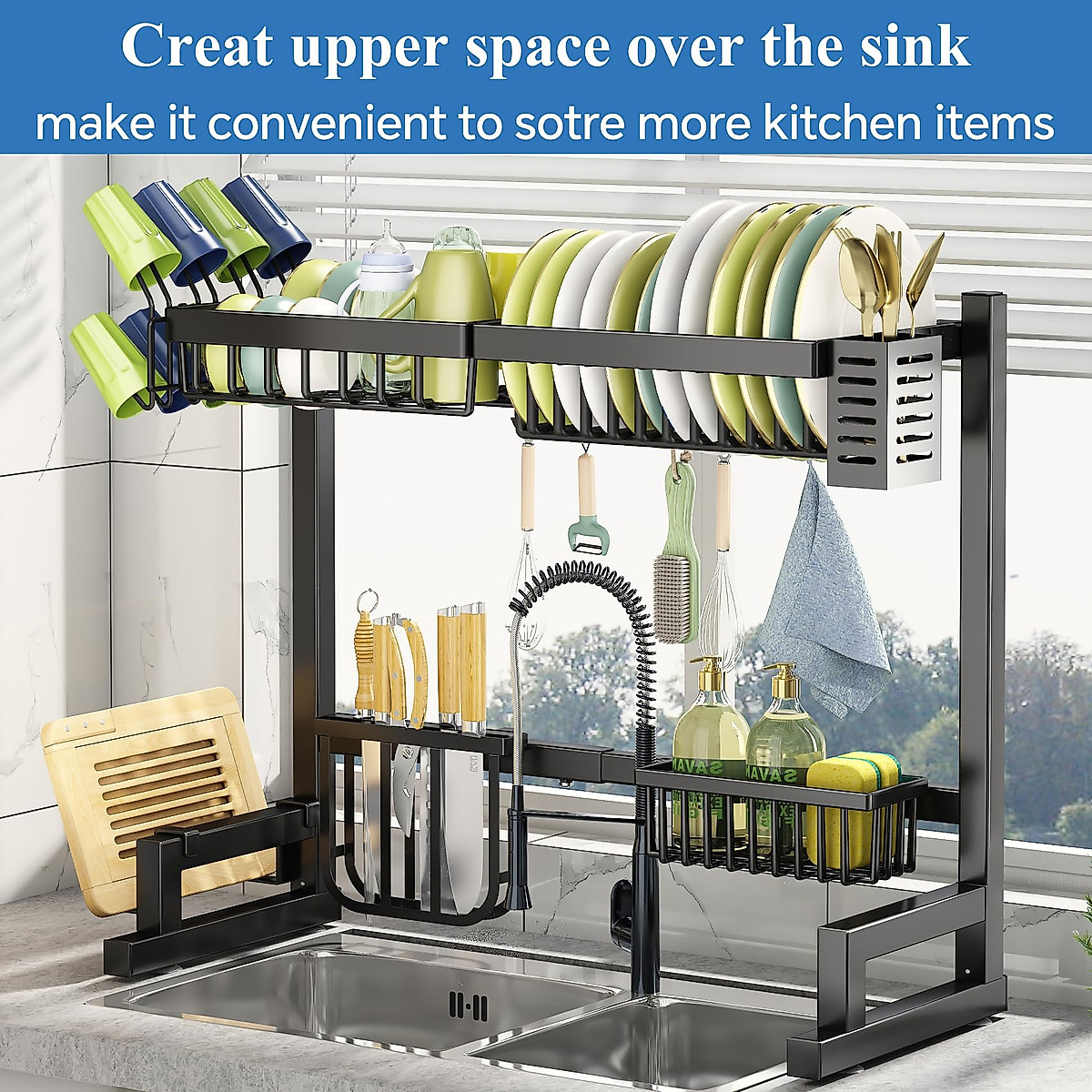 Dish Drying Rack, Over The Sink Dish Drying Rack Length Adjustable (From 33.8" to 41.5"), 2 Tier Large Dish Rack with Cup Holder Utensil Holder Caddy, Kitchen Counter Dish Drainer Organizer, Black