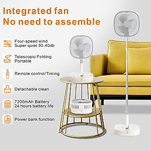 Portable Pedestal Fan - Foldaway Standing Fan Foldable Desk Fan, Use 7200Mah Rechargeable Battery, Remote Control Telescopic 4 Speed Quiet Timer Fan for Home Kitchen Outdoor Camping (Gray)