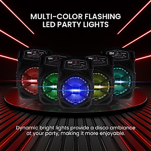 Pyle 12'' Portable Bluetooth Speaker System - 1000W Karaoke Speaker w/ LED Lights, USB/Micro SD/FM/BT/Aux/Remote Control/Mic & Guitar Inputs, Built-in Rechargeable Battery w/ Wheels & Handle Bar