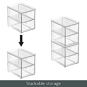 mDesign Stackable Storage Containers Box with 2 Pull-Out Drawers - Stacking Plastic Drawer Bins for Master or Guest Bathroom, Linen Closet, Vanity, or Makeup Table - Lumiere Collection -Clear