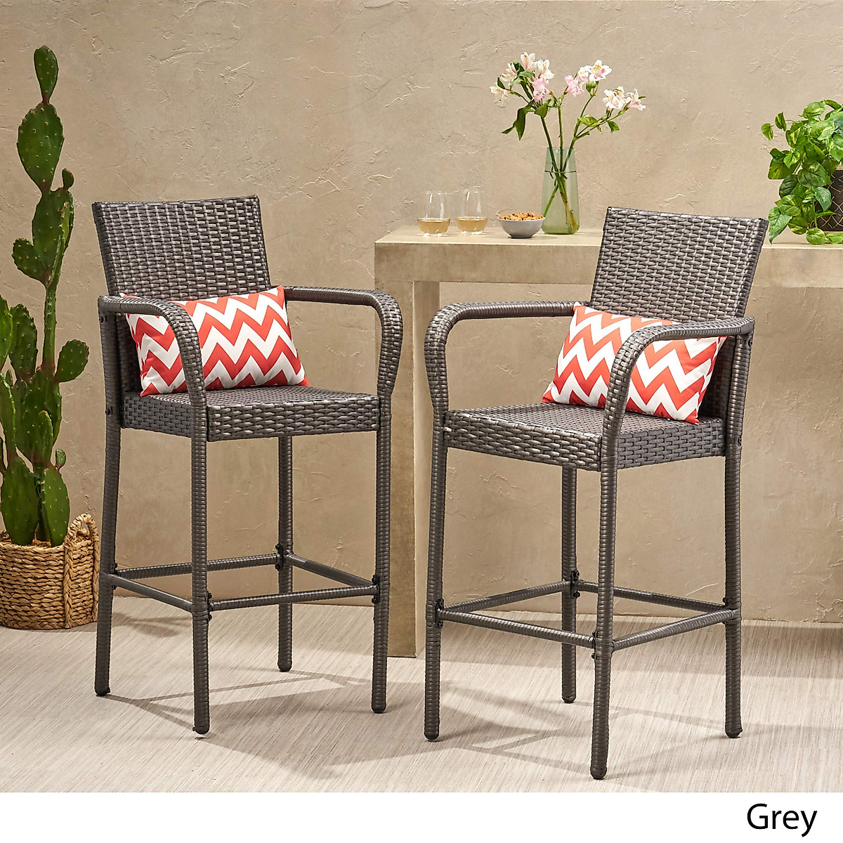 Christopher Knight Home Delfina Outdoor Wicker Barstools, 2-Pcs Set, Grey