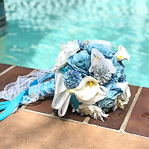 Abbie Home Real Touch Calla Lily Dahlia Bridal Bouquets Crystal Light Blue Ribbon Beach Wedding Rose Flowers Décor (B Round Bouquet)