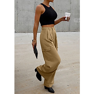 Dokotoo Cargo Pants Women High Waisted Baggy Business Casual Work Petite Pants Wide Leg Dress Pants 4 Pockets Trouser Khaki Plaid Loose 2024 Fall Fashion Clothing