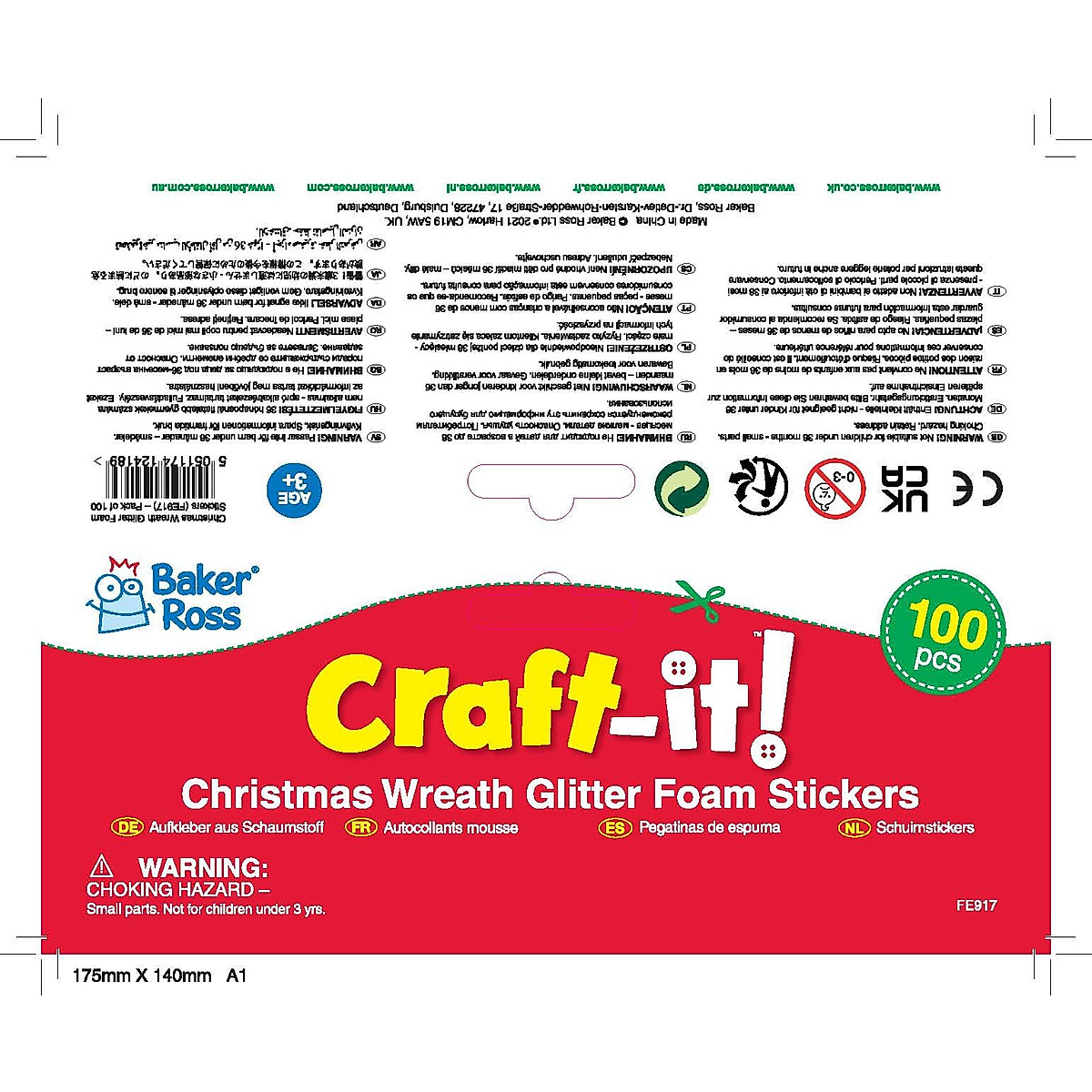 Baker Ross FE917 Christmas Wreath Glitter Foam Stickers - Pack of 100, Kids Stickers, Ideal for Children's Arts and Crafts Projects, Great for Card Making and Scrapbooking