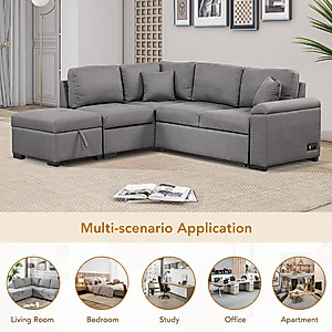 Bellemave Sectional Sleeper Sofa Pull Out Couch with Storage & USB Charging L Shaped Convertible Sofa Bed with Ottoman Pull Out Sofa Bed for Living Room Apartment, Dark Gray