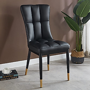 Bekrvio Set of 4 Leather Dining Room Chairs, Light Luxury Modern Kitchen Chairs with Waffle Stitch High Back, Upholstered Side Chair Solid Metal Legs for Kitchen Living Room, Dinning Room (Black)