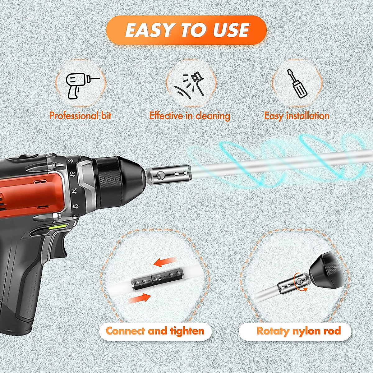 CLLVGOKD Chimney Sweep Kit 26FT Chrome Button Locking System Chimney Cleaning kit with 8 Reinforced Nylon Flexible Rods Snap Locking 45 Degree Angle Driven by Drill for Fireplace Flue Home Use