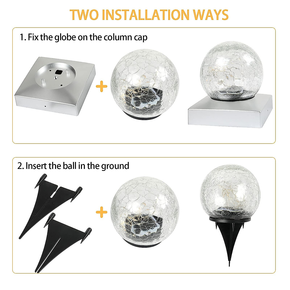 4 Solar Post Cap Lights Outdoor 2-in-1 Landscape Garden Ball Lights Cracked Glass Globe Lights Waterproof 5x5 In-Ground Spike Light for Posts Garden Yard Patio Pathway Deck Decor (Multi-Colors)
