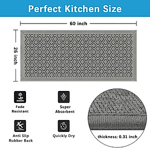 GOYLSER Kitchen Floor Mat Cushioned Rug Runner Mat Kitchen, Thick Waterproof Non-Slip Grey Kitchen Rugs for Hardwood Floors, Washable Rugs for Kitchen Floor, Gray Kitchen Rugs Non Skid, 60"x26"