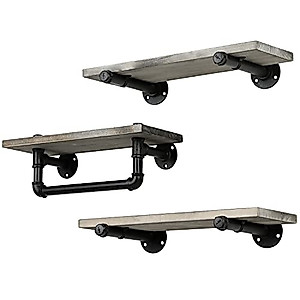MyGift Wall Mounted Weathered Gray Solid Wood Floating Display Shelf and Industrial Pipe Hanging Bar Organizer Rack, Decorative Bathroom Shelving with Towel Bar, 3 Piece Set