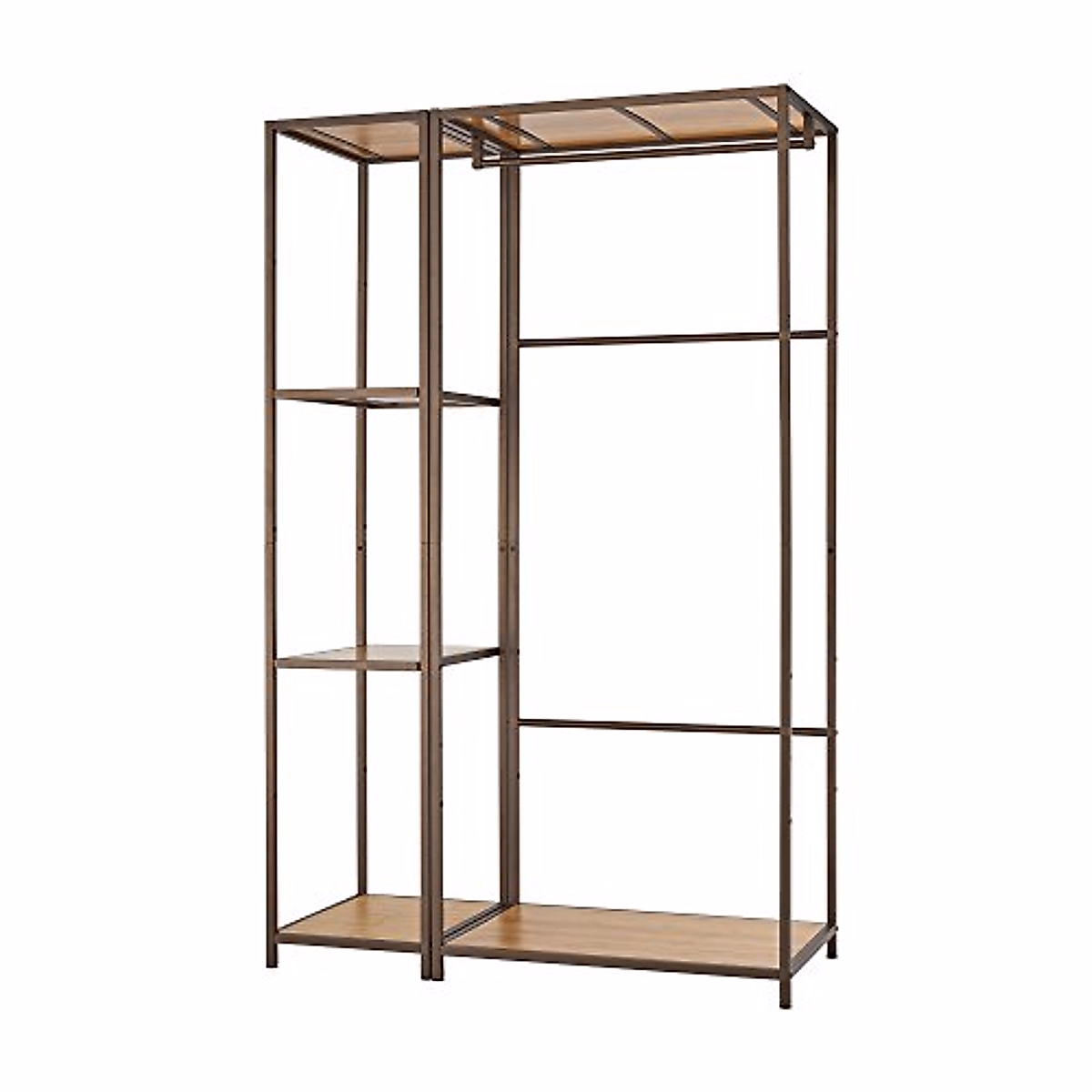 Trinity Garment Rack with Bamboo Shelves and 4-Tier Shelf Tower for Clothing Storage, Closet Organization for Home with Decorative Book Shelf and Display Stand, Bronze