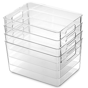 Set Of 4 Clear Pantry Organizer Bins Household Plastic Food Storage Basket with Cutout Handles for Kitchen, Countertops, Cabinets, Refrigerator, Freezer, Bedrooms, Bathrooms - 11" Wide