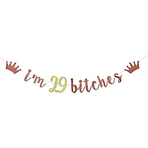 I'm 29 Bitches Banner, 29th Birthday Party Decor, Funny Twenty-nine Years Old Birthday Banner, Women’s 29th Birthday Party Decorations (Rose Gold)