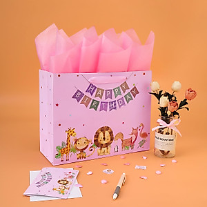 13" Large Pink Gift Bag Set with Greeting Card and Tissue Papers (Animal and Happy Birthday) for Girls', or Kids' Party, Baby Showers, Baby Girls, Newborn, New Moms or Parents- 13”x5.2”x10.2”, 1 Pcs