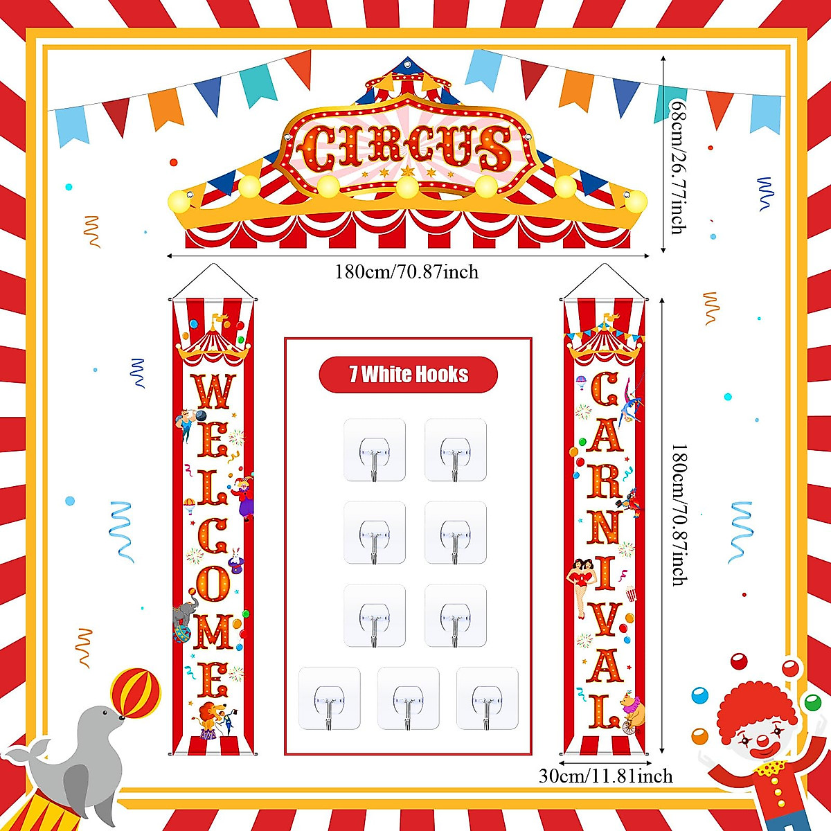 Blulu 3 Pcs Carnival Circus Porch Banner Decorations Circus Party Awning Hanging Banner Carnival Welcome Door Banner Set Carnival Circus Party Supplies for Circus Theme Birthday Decor