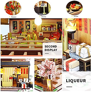 SYW DIY Miniature Dollhouse Kit with Furniture and LED Light，Japanese Sushi Shop Wooden Dollhouse, 1:24 Scale Creative Doll House Toys for Teen