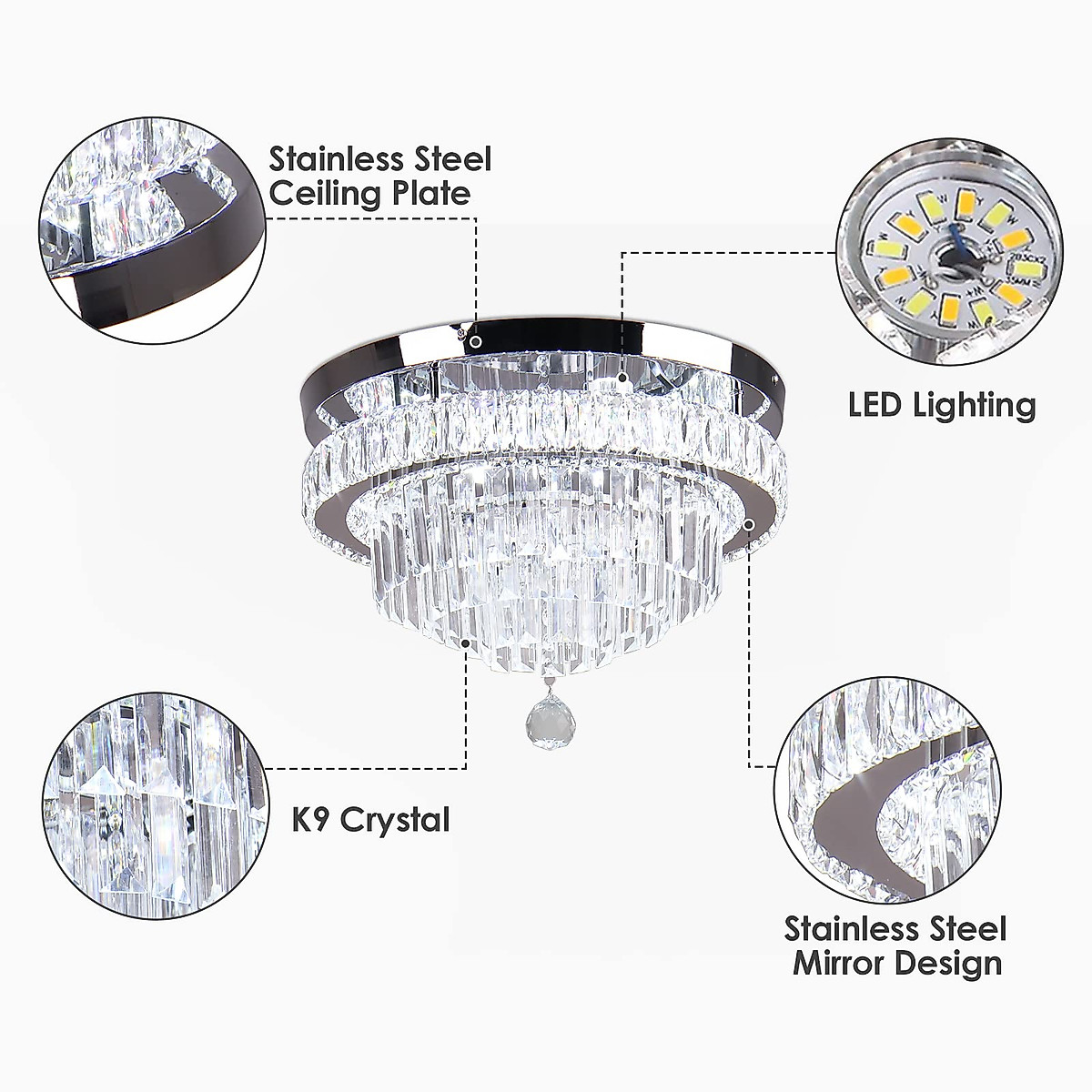 FRIXCHUR 15.7" Crystal Chandelier LED Modern Ceiling Light Fixture Round Raindrop 5 Tier Chandeliers for Dining Room Bedroom Living Room, 6500 K