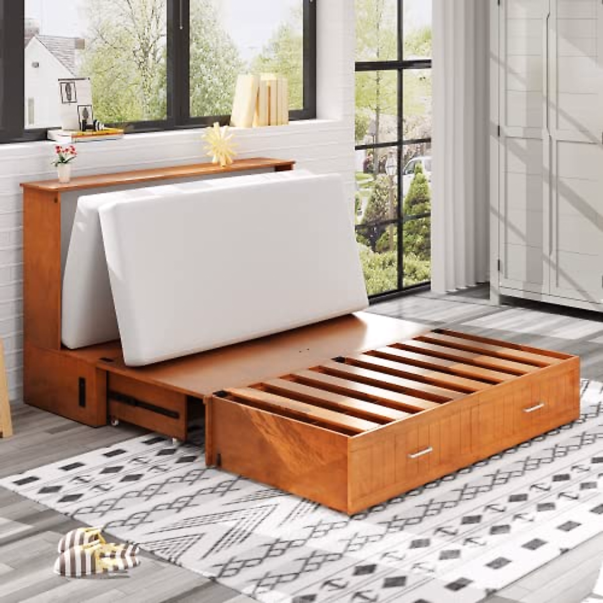 Mixoy Queen Size Murphy Bed with Foam Mattress, Cabinet Bed with Charging Station, Murphy Bed Chest with Large Drawer (Style2, Cherry)