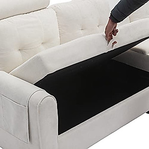 FANYE L-Shaped Corner Sectional Reversible Storage Chaise, Modern Convertible Sofa & Couch W/Headrest and Cupholders for Home Apartment Office Living Room, White Polyester