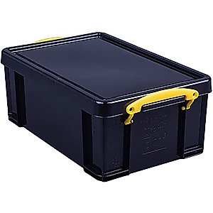 Really Useful Box Plastic Storage Box 9 Litre Solid Black with Yellow Handles