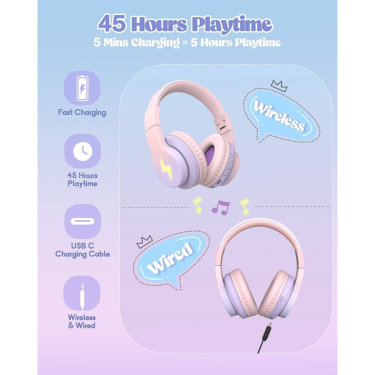 Kids Bluetooth Headphones, Colorful Wireless Over Ear Headset with LED Lights, Built-in Mic, 45H Playtime, 85dB/94dB Volume Limited Headphones for Boys Girls iPad Tablet School Airplane Pink Purple
