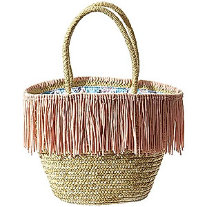 Hadley Wren Natural Straw Handbag, Pink Fringe