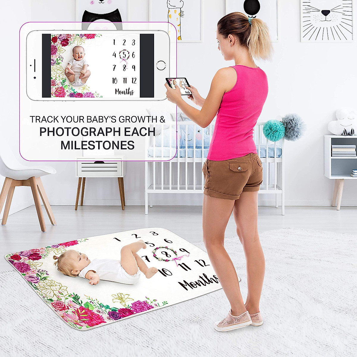 Baby Monthly Milestone Blanket Girl - Extra Soft, Large (60"X40") Thick Fleece - Baby Growth Chart Blanket - Baby Age Blanket for Photos - Baby Month Blanket Girls -Includes Headband and Floral Wreath