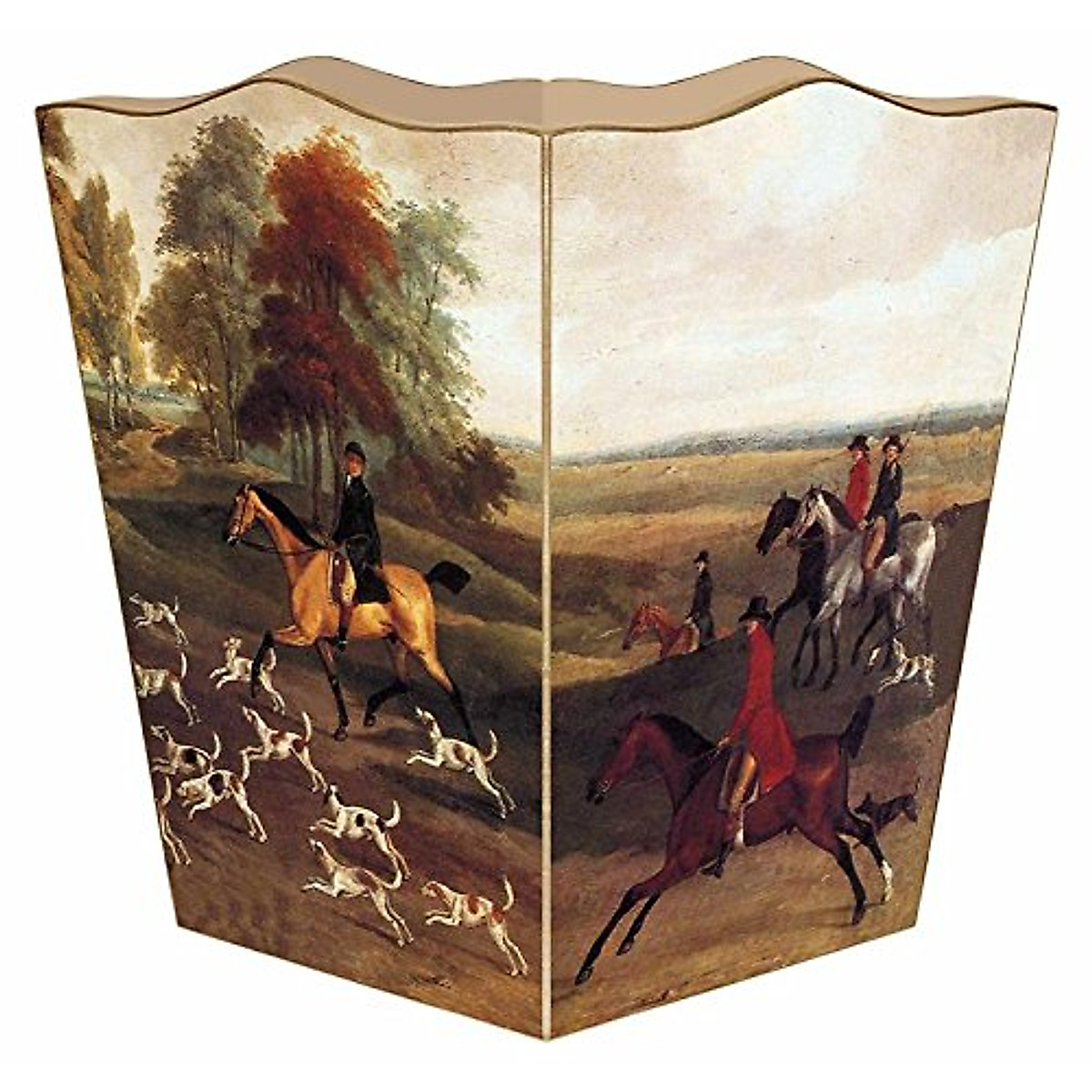 Marye-Kelley- English Hunt Scene Wastepaper Basket, Wood Wastepaper Basket, Decoupage, Handmade, Made in The USA