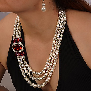 Aimimier 1920s 3-strand White Faux Pearl Necklace and Earrings Set with Red Crystal and Rhinestone Long Pearl Necklace Statement Women Jewelry