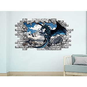 Blue Dragon Wall Decal, Mountains Removable Vinyl Sticker, Dragon Wall Mural, Peel and Stick, Dragon Bedroom Decor NT23