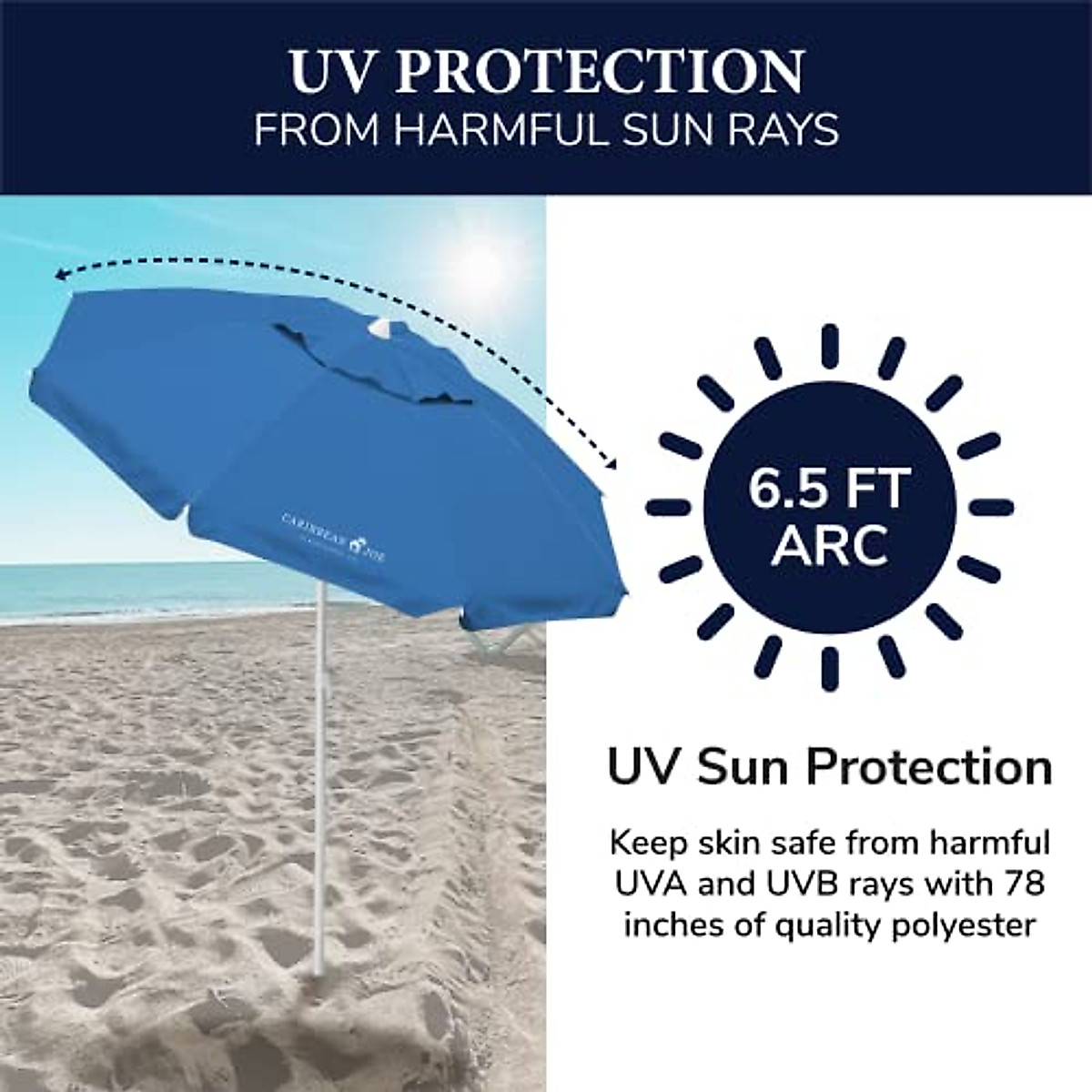 Caribbean Joe Beach Umbrella, Portable and Adjustable Tilt Sun Umbrella with UV Protection, Vented Canopy, Full 6.5 ft Arc, Blue