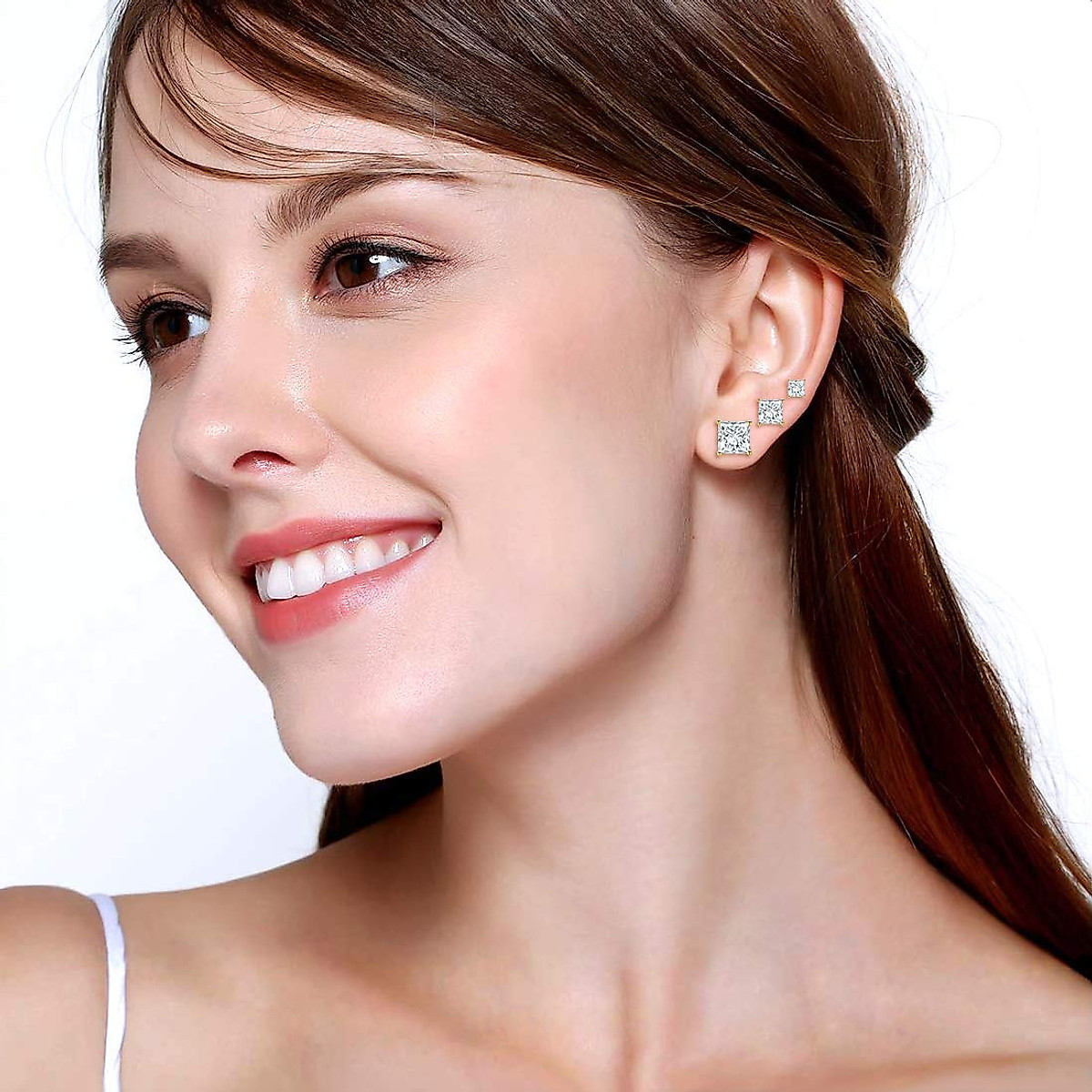 DwearBeauty 6 Pairs Gold Plated Cubic Zirconia Earrings Pack，Round Cut and Princess Cut Earrings for Men and Women