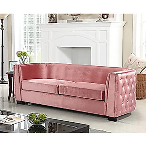 Iconic Home Saratov Sofa Velvet Upholstered Button Tufted Curved Shelter Arm Design Espresso Finished Wood Legs Modern Transitional Blush
