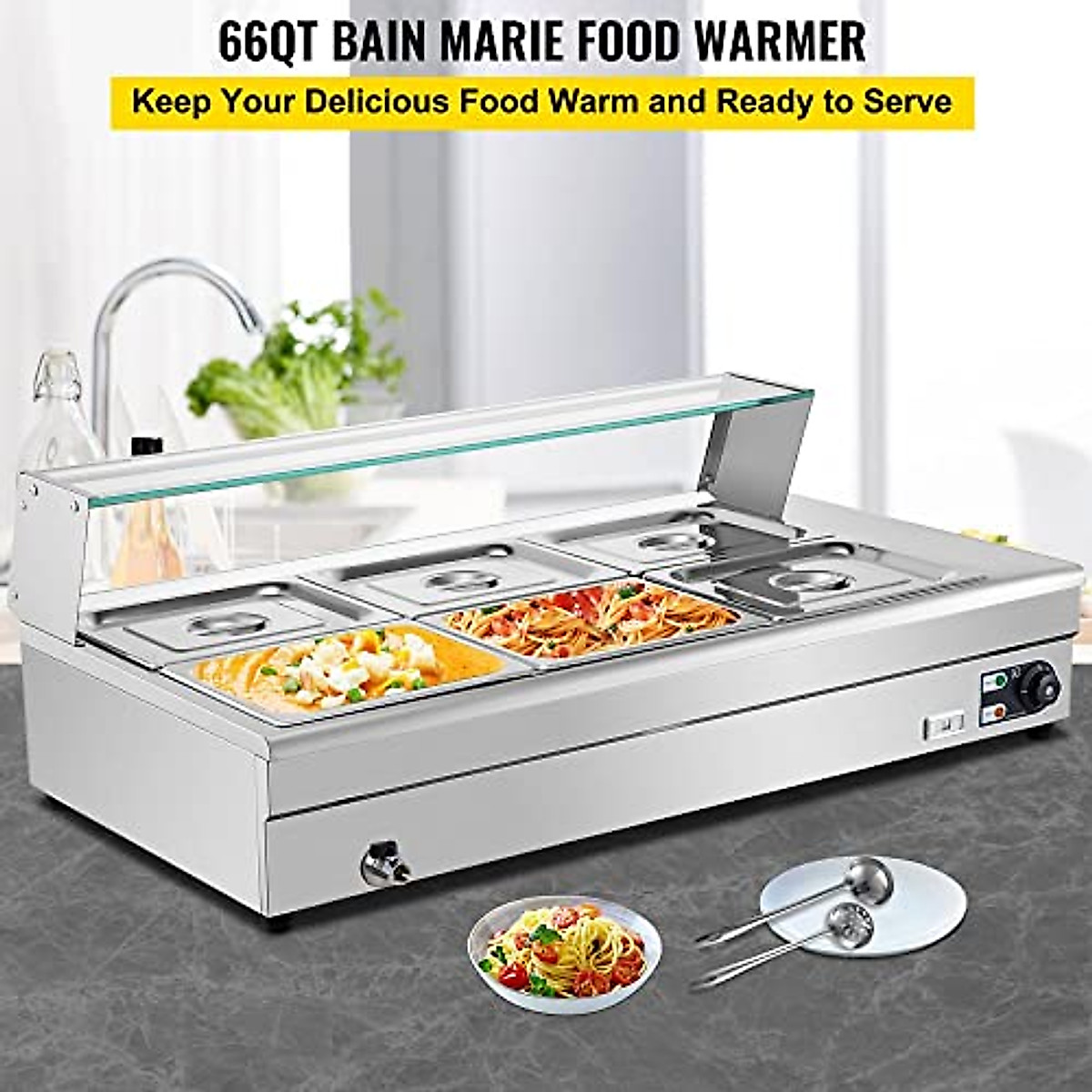110V Electric Countertop Food Warmer - 6 Pan x 1/2 GN, Commercial Food Steam Table with 6-Inch Deep Pans, Food Grade Stainless Steel, 1500W, 66 Quart Capacity, Tempered Glass Shield