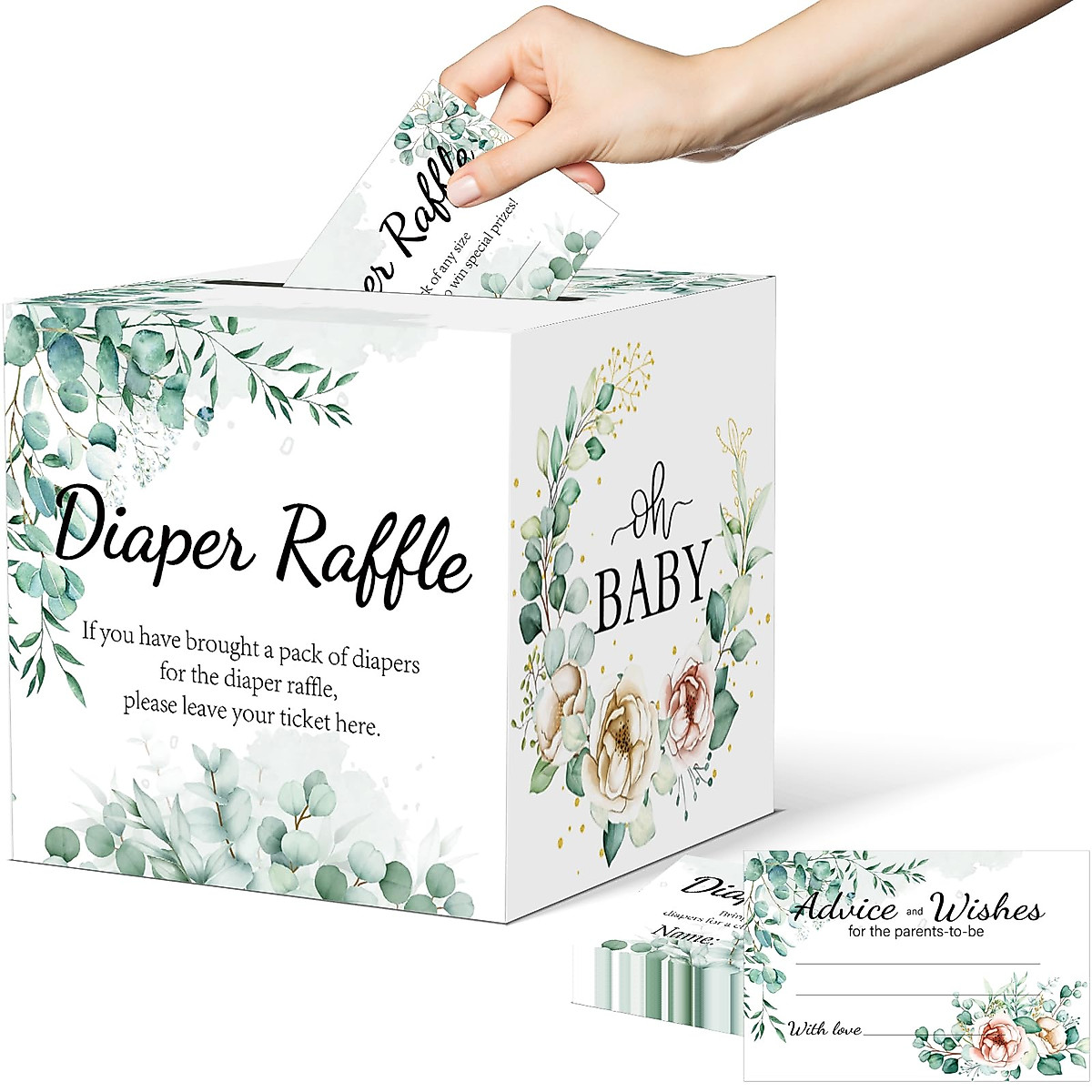 50 Pcs Greenery Diaper Raffle Card Box for Baby Shower, Diaper Raffle Tickets with Advice and Wishes for the Parents-to-be, Baby Shower Card Box Party Decorations, Party Favors Decorations Supplies