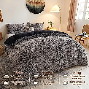 MEGO Luxury Shaggy Plush Duvet Cover Set, Soft 3 Pieces Fluffy Faux Fur Comforter Cover Set King Size, Fuzzy Velvet Bedding Set(1 Furry Duvet Cover + 2 Pillow Shams), Zipper Closure(King, Black Ombre)