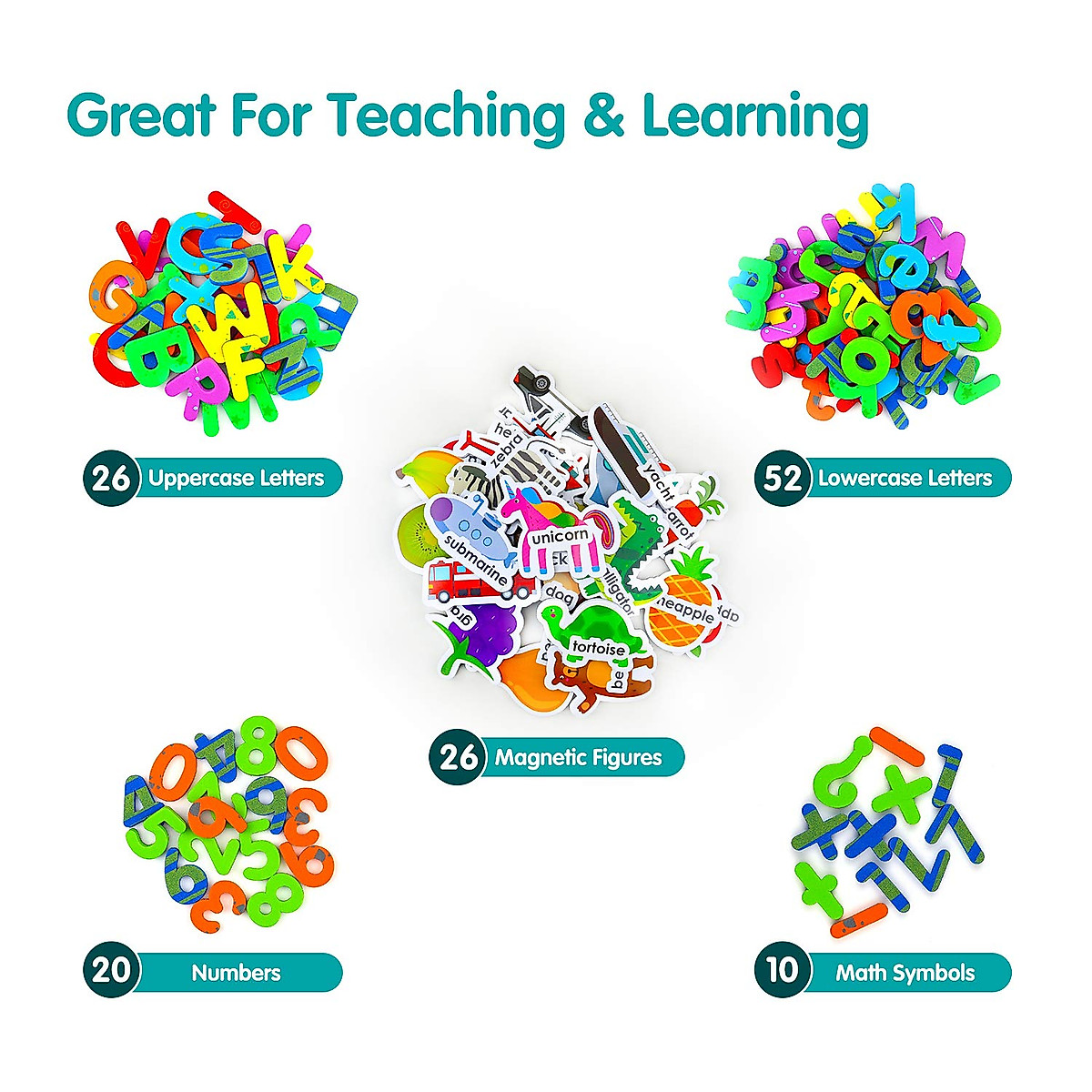 Magnetic Letters and Numbers for Toddlers, Vcertcpl 134pcs Refrigerator Alphabet Magnets for Kids ABC Learning with Animal Vehicle Fruit Patterns, Classroom Supplies Foam Letters Toys for Toddlers 3-7