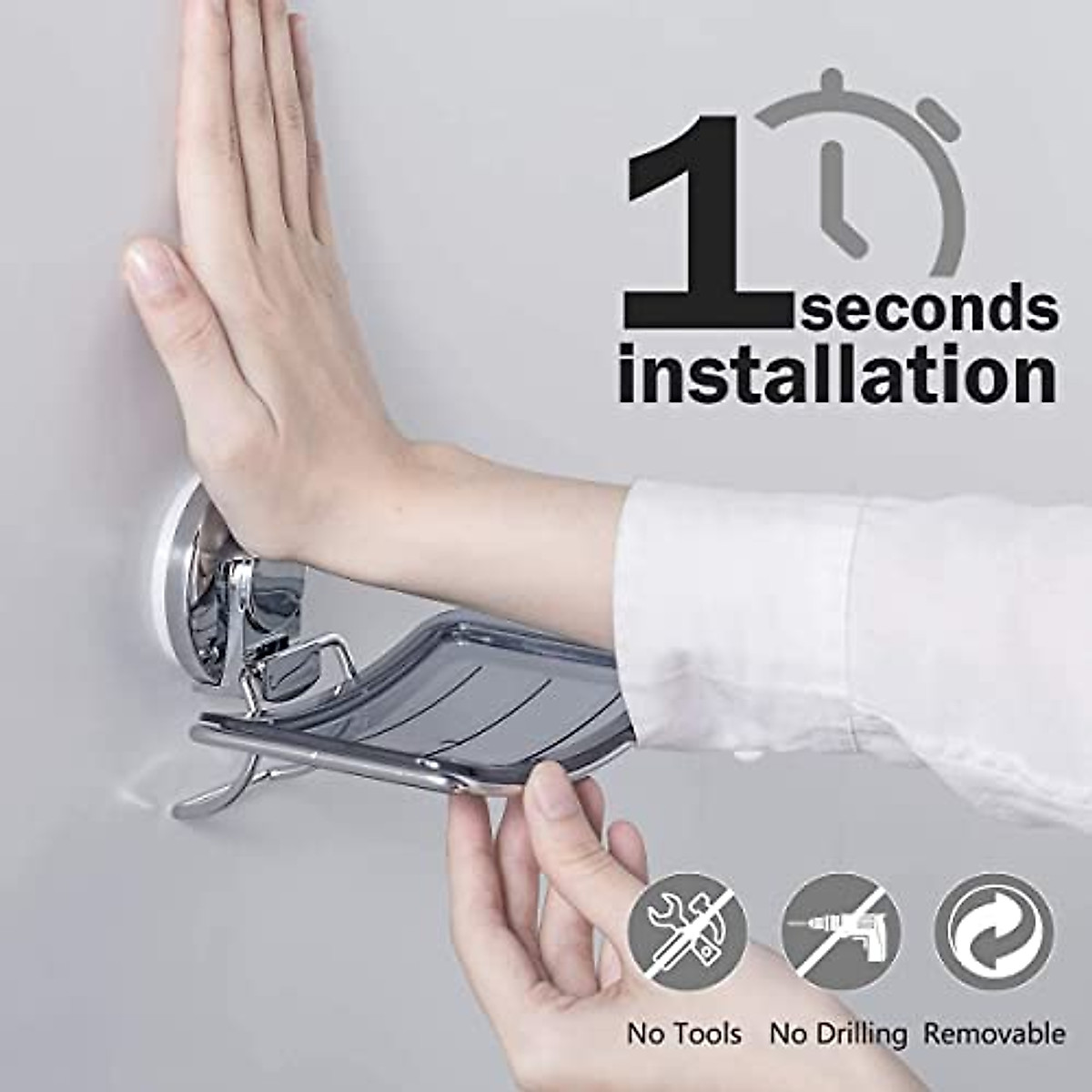 LEVERLOC Chrome Suction Cup Soap Dish Shower Caddy with 4 Hooks Suction Cup Shower Shelf One Second Installation Hanging Shower Rack Removable & Reusable for Shower Bathtub Kitchen