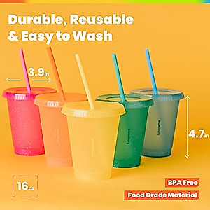 Kids Tumblers with Lids and Straws - 5 Reusable Cups with Lids and Straws, 16oz Glitter Tumbler Cute Cups for Kids in Rainbow Colors, Reusable Plastic Tumblers Cups with Lids and Straws for Smoothie