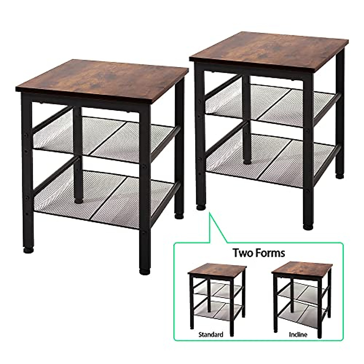 Coral Flower Set of 2 Side Tables, End Tables with Adjustable Mesh Shelves, for Living Room, Bedroom, Industrial, Stable Steel Frame, Easy Assembly, Rustic Brown