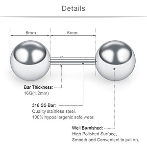 SCERRING 4 Pairs 16G 1/4" Stainless Steel Polished Ball Barbell helix Cartilage Tragus Ear Lobe Stud Earring for Men Women 3-6mm - Silver