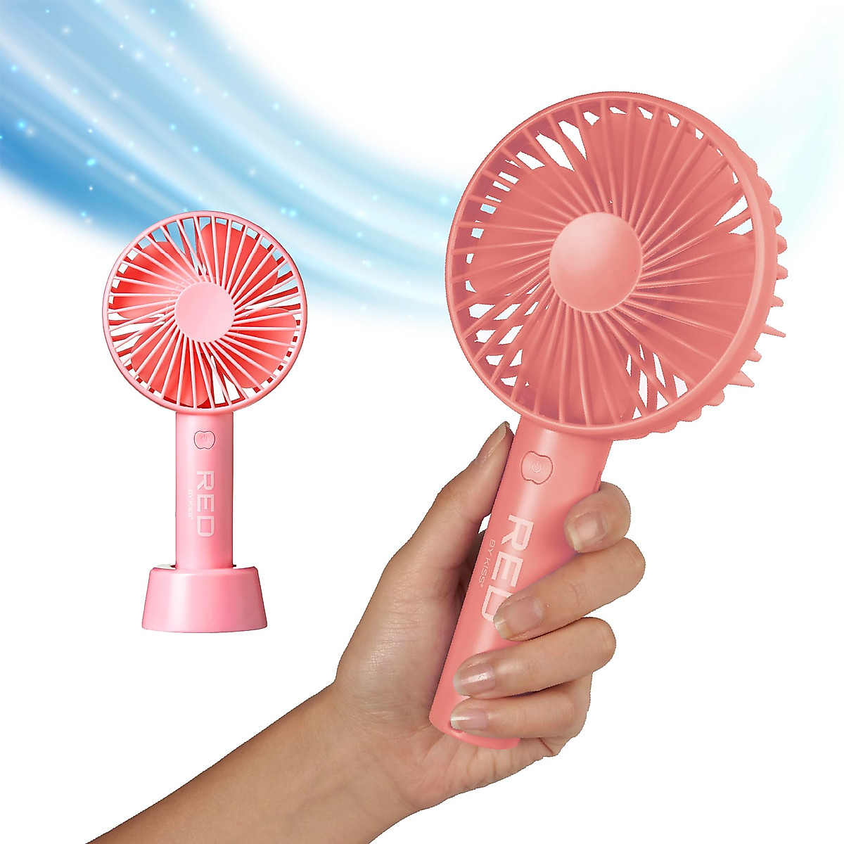 Red by Kiss Handheld Fan, Mini Portable Personal Desk Fan with USB Rechargeable, 3 Speed Long Lasting Powerful Small Fan for Makeup Travel Home Office Lace Wig Eyelash Face Nail (Pink)