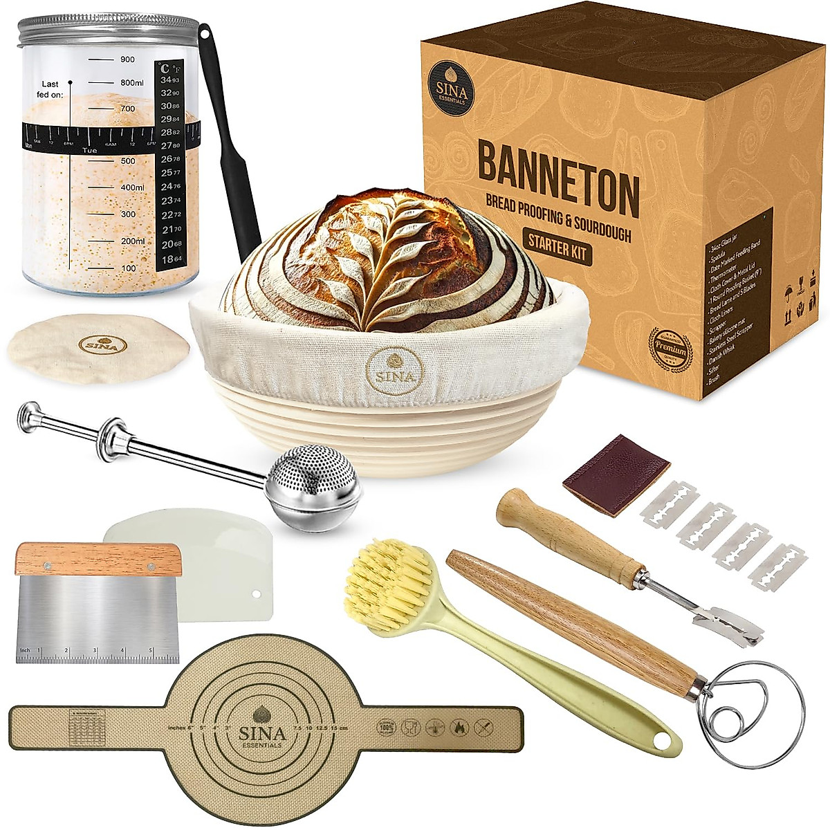 Banneton Bread Proofing Basket Set Sourdough Starter Kit Round 9" Rattan Proofing Basket, 36oz Large Wide Sourdough Starter Jar, Bread Lame, Sourdough Bread Baking Supplies, Banneton Basket Gift Set