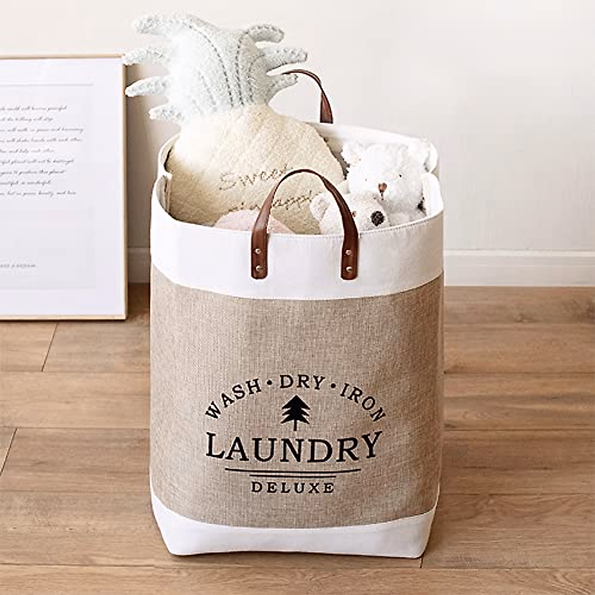 AMZTOP Linen Clothes Hamper Patchwork Collapsible Laundry Basket with Leather Handles for Storage Toys and Clothing in Bedroom, Bathroom Foldable Laundry Hamper 68L