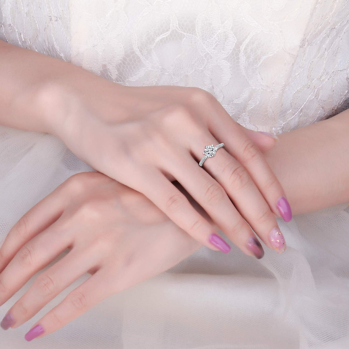 JO WISDOM Women Ring,925 Sterling Silver Engagement Wedding Promise Ring with 7mm 5A Cubic Zirconia,Jewelry for Women