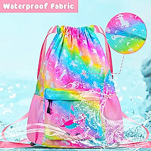 Drawstring Backpack Bag for Kids Girls, Waterproof Beach Bag with Zipper Pocket for Swimming Sports Gym Travel Birthday Christmas Gift (Rainbow Unicorn)